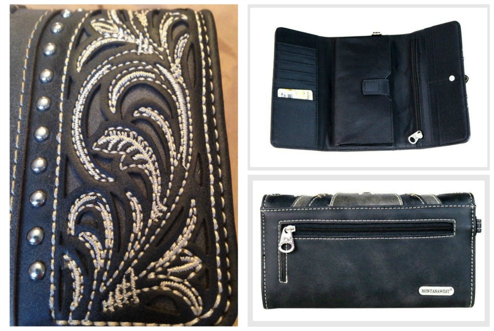 Crystal Buckle Strap Silver Studded Floral Embroidery Black Leather Tri ...
