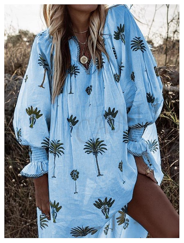 Green Palm Tree Print Ruffle Long Sleeve V Neck Blue Dress, blue, green ...
