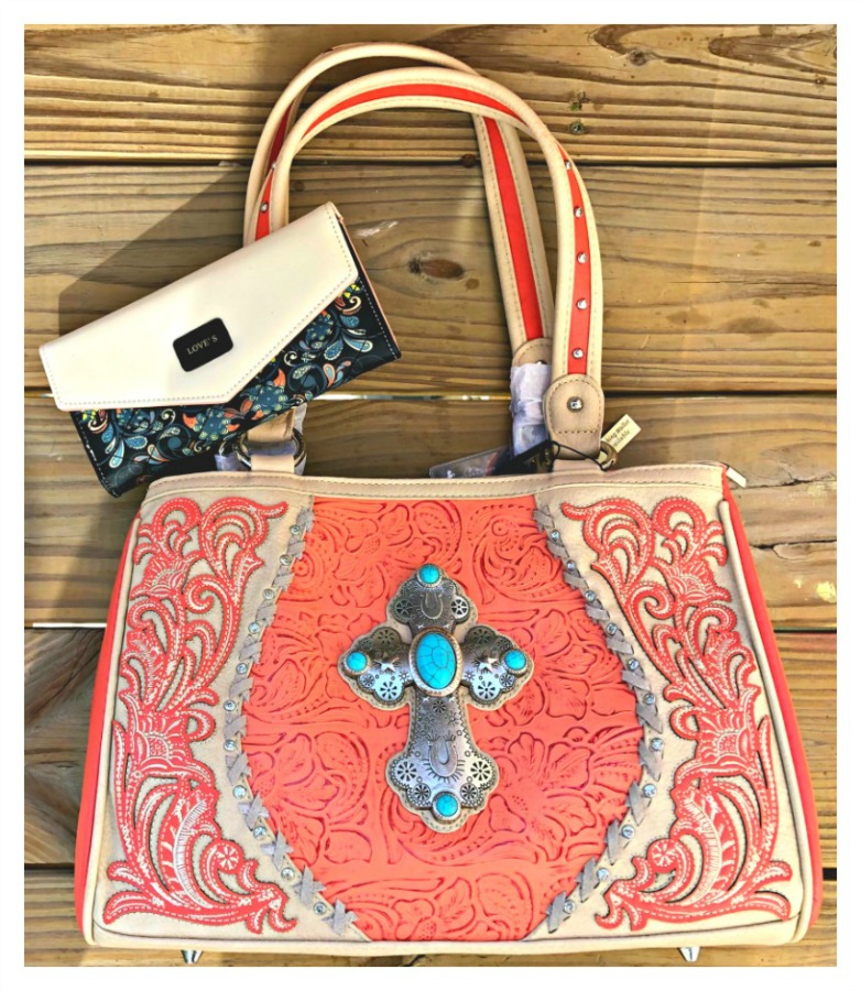 Antique Silver & Turquoise Cross on Embossed Coral Handbag, Montana ...