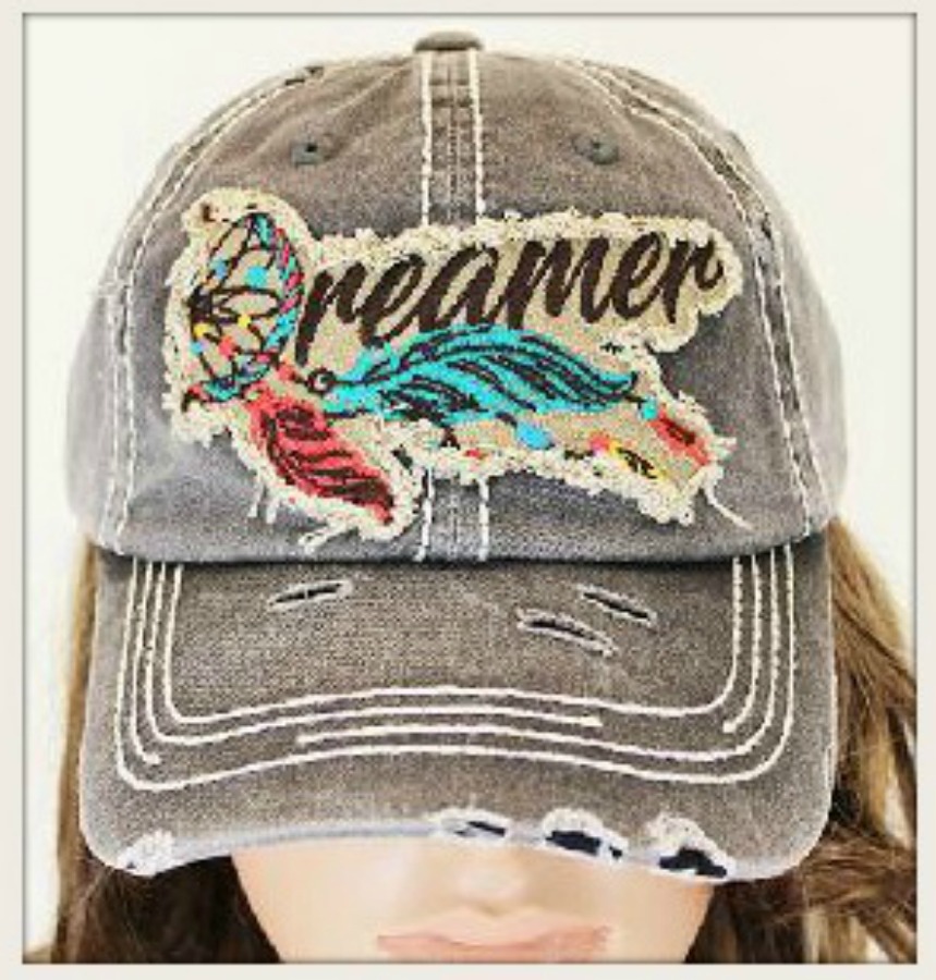 Dreamer with Embroidered Feather Accent on Tan Distressed Fabric on ...