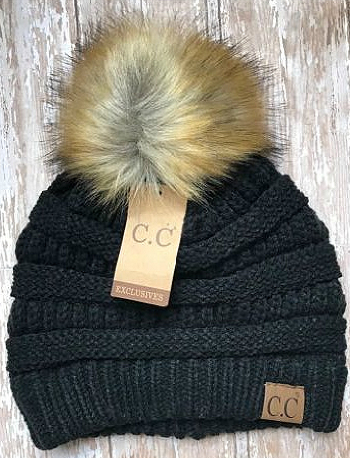 Knit Beanie Hat with Faux Fur Pom Pom, pom pom, fur, faux fur, hat ...