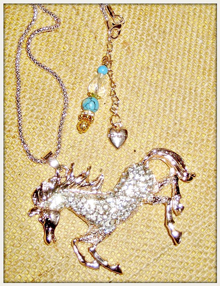 Golden Rhinestone Horse Pendant with Filigree Turquoise Crystal Charm ...