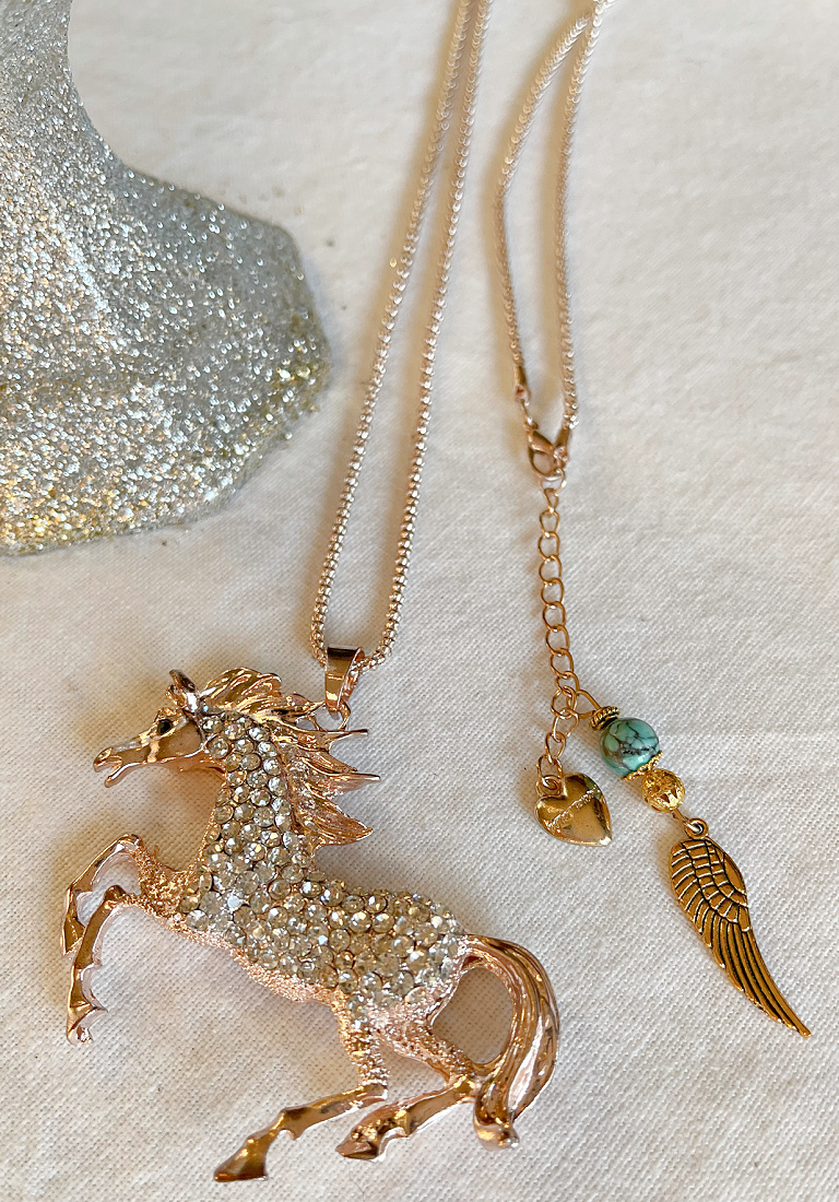 Golden Rhinestone Horse Pendant with Filigree Turquoise Crystal Charm ...