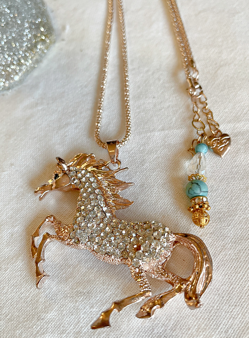 Golden Rhinestone Horse Pendant with Filigree Turquoise Crystal Charm ...