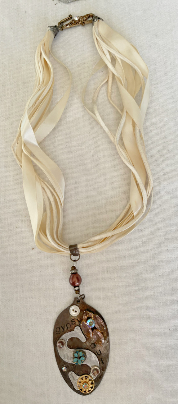Gypsy Soul Decorated Vintage Spoon Pendant on Buttery Cream Satin ...