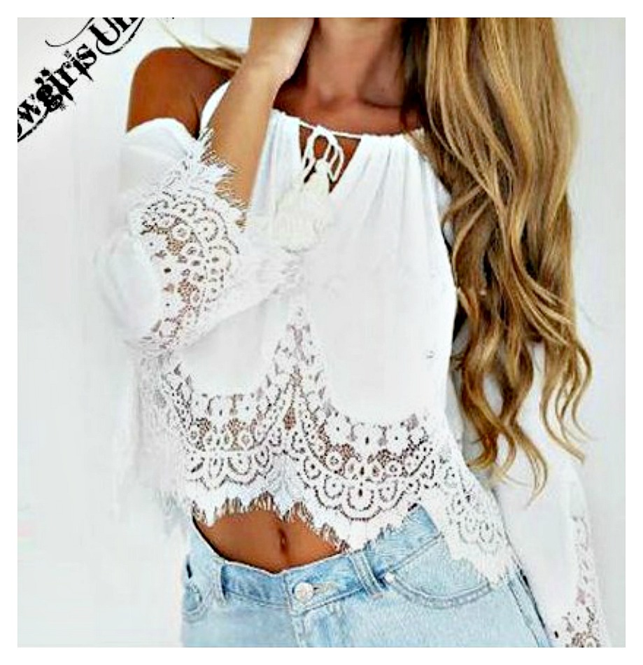 Wild Flower Top White Lace Trim on an On or Off The Shoulder Cropped ...
