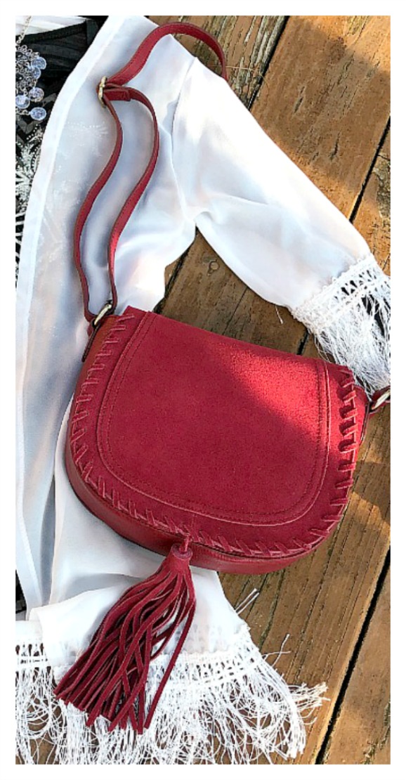 Red Faux Leather Whipstitch & Tassel Medium Designer Saddle Handbag ...