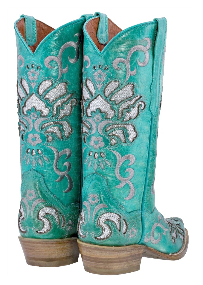Silver Embroidery & Underlay Distressed GENUINE Turquoise LEATHER Boots ...