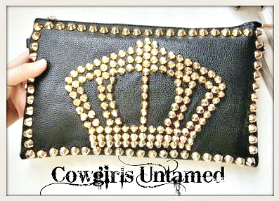 COWGIRLS ROCK Metal Studded Crown on Black Leather Clutch Handbag ...