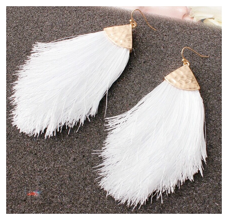 White Feathery Fringe Gold Earrings, earrings, jewelry, gold, white ...
