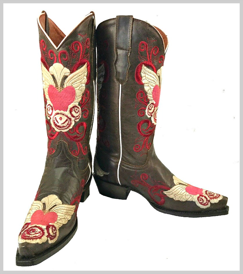 Pink Red Cream Embroidered Winged Heart Brown Genuine Leather Cowgirl ...