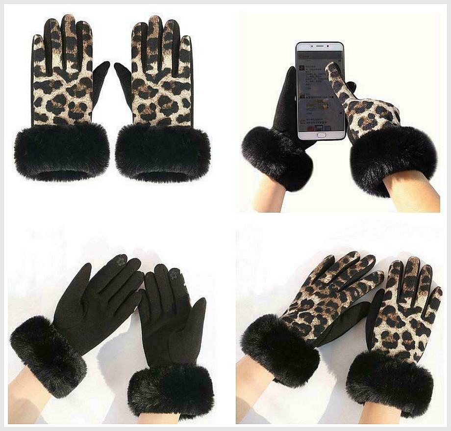Black Faux Fur Trim Brown Leopard Fall Winter Womens Touchscreen Gloves ...