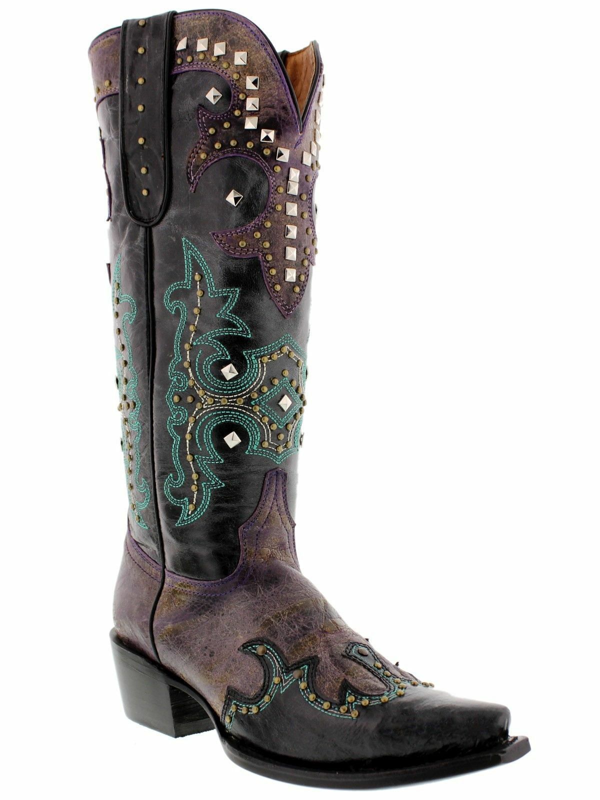 WESTERN COWGIRL BOOTS Turquoise Embroidery Silver Studded on Purple ...